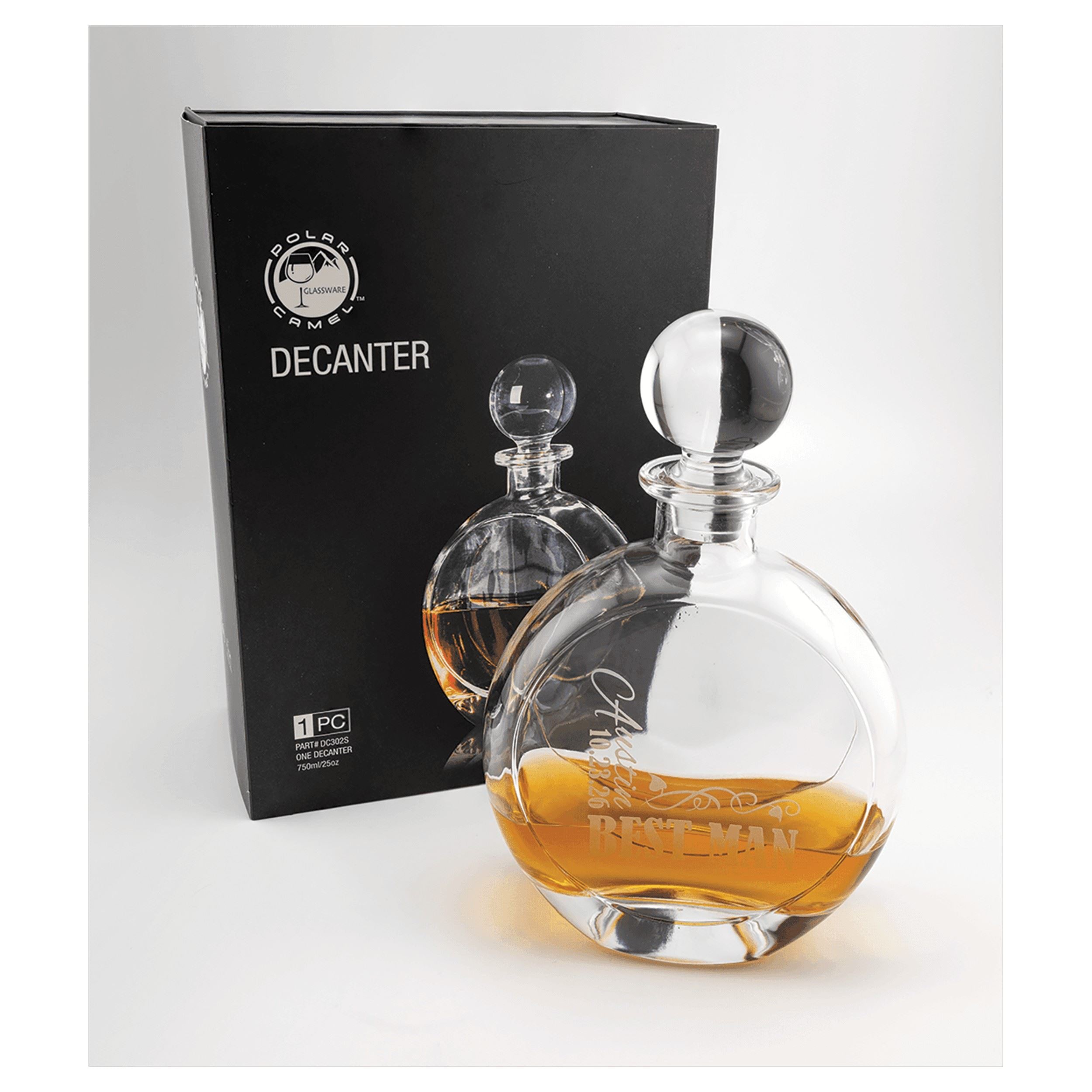 Custom 750mL Flat Round Decanter with Gift Box | Lazer Designs
